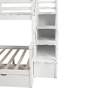 Twin Over Full Bunk Bed with Stairs and Slide, Solid Wood Bunk Bed Frame with Storage Drawers for Kids Girls Boys (White)
