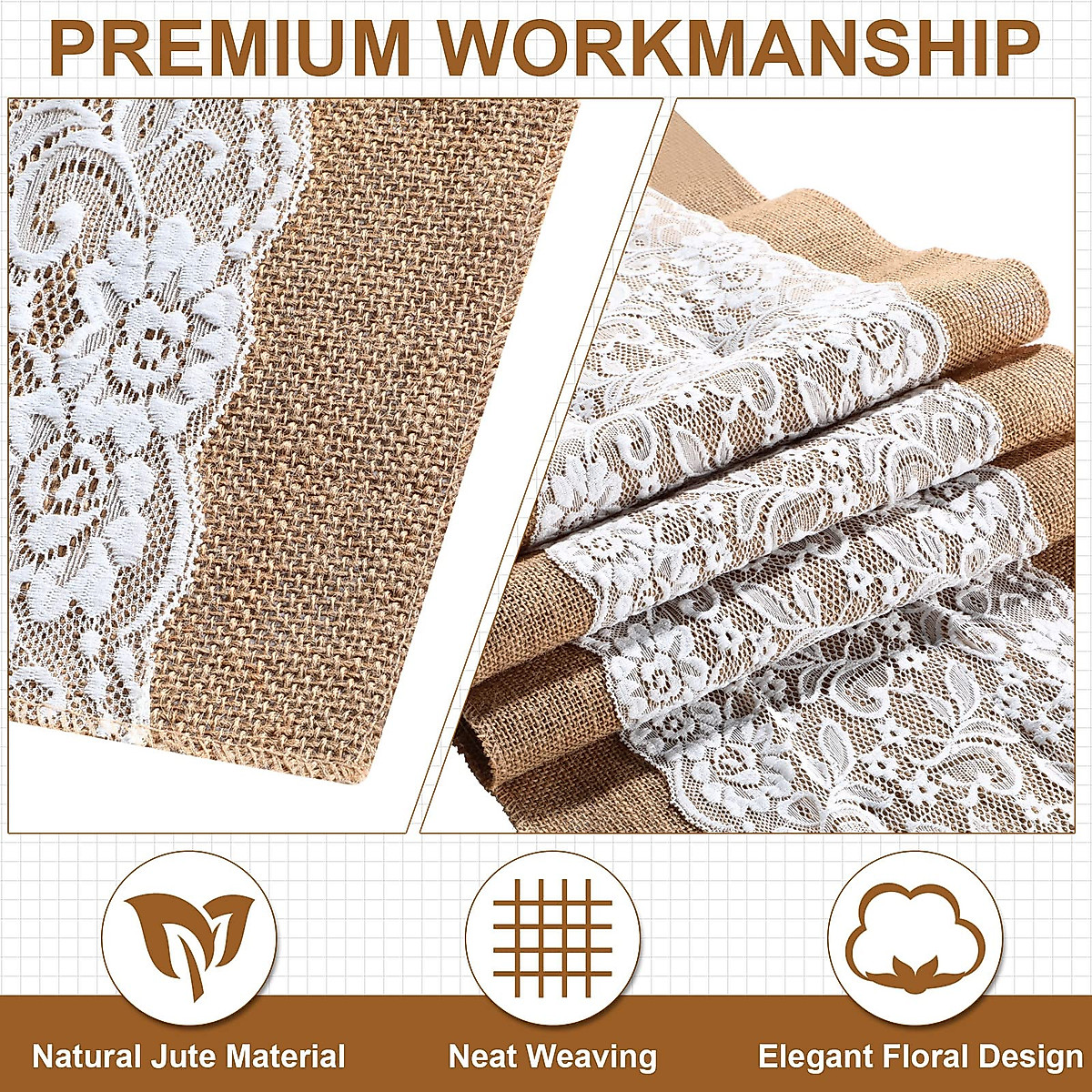 12 Pack Lace Burlap Table Runner Rustic Natural Jute Table Runner 12 x 72 Inch Farmhouse Hessian Table Cloth for Vintage Country Wedding Birthday Thanksgiving Christmas Party Table (Flower)