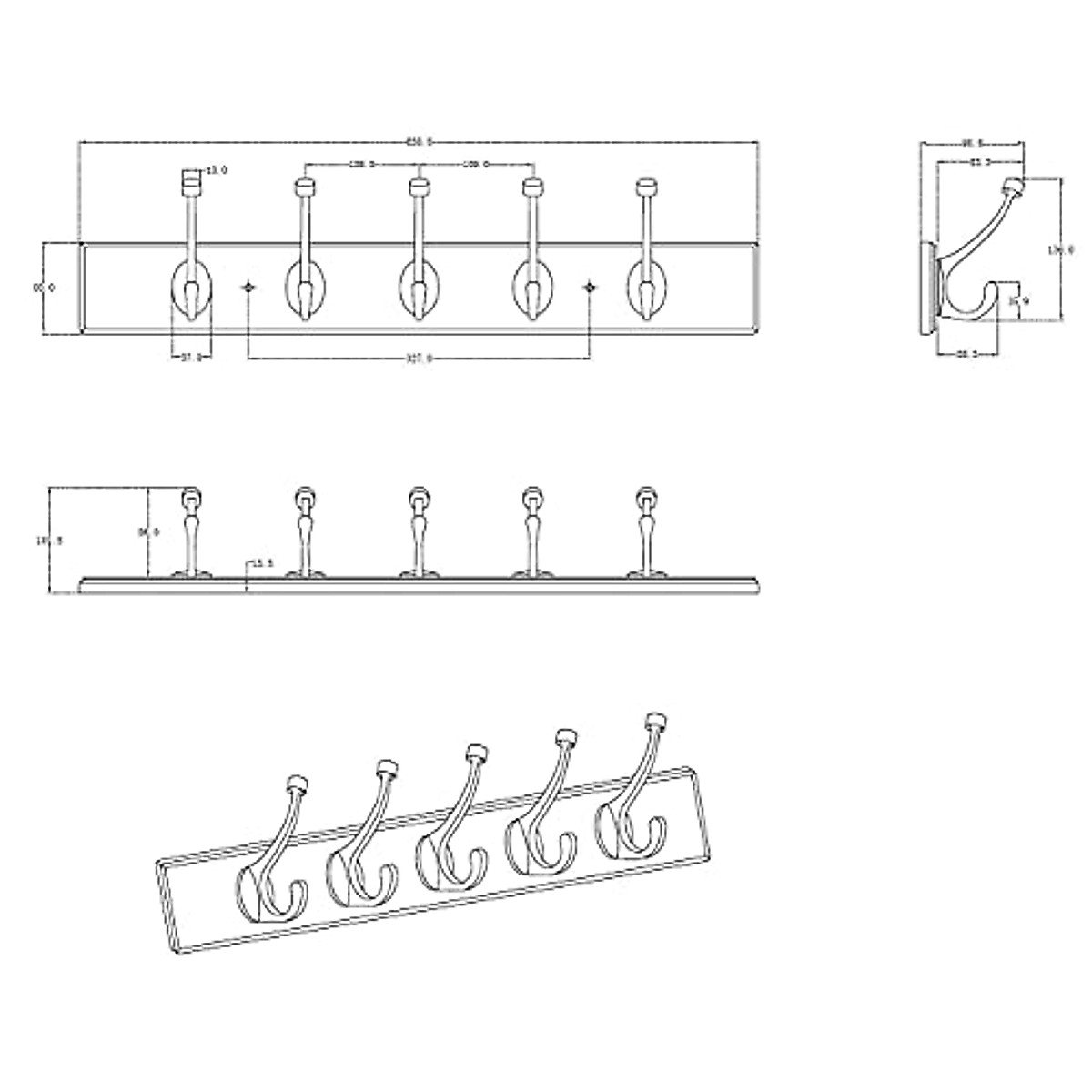 Richelieu Hardware T030210195 Transitional Hook Rack 25-5/8 in (650 mm), White and Brushed Nickel