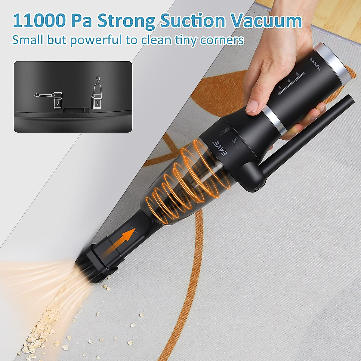 Cordless Air Duster & Mini Vacuum Cleaner 2 in 1, 77000 RPM Compressed Air Duster, 11000 Pa Suction, 2 Speeds, Replaces for Air Cans, 15000 mAh Rechargeable Air Blower for Keyboard, Computer, Car