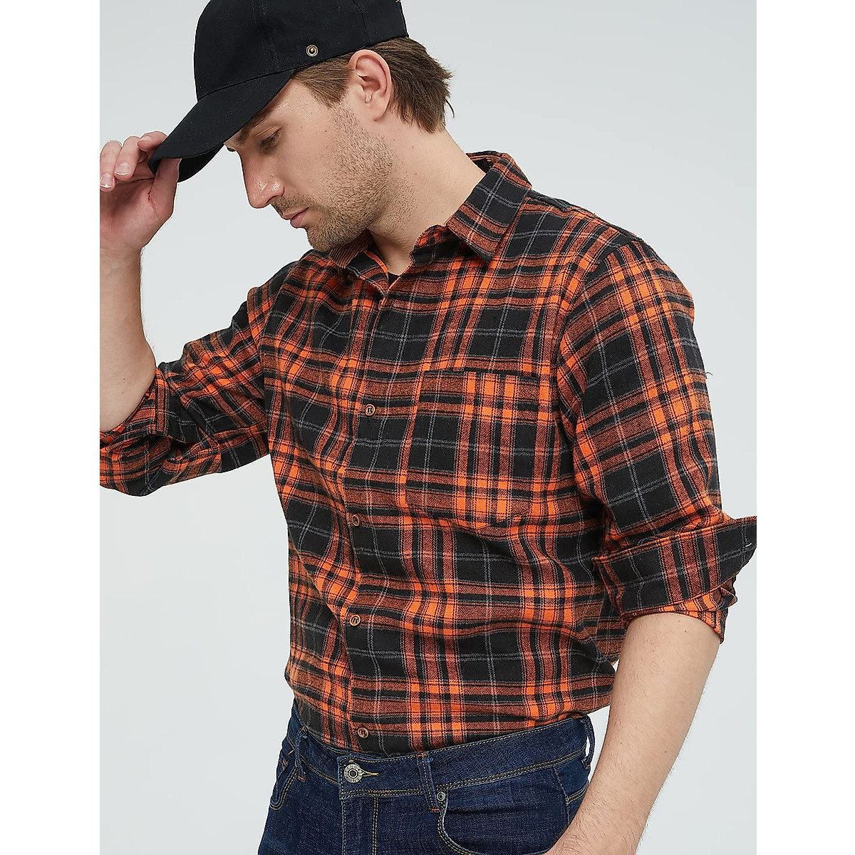 SSLR Flannel Shirts for Men, Long Sleeve Button Down Shirt Lightweight Plaid Brushed Casual (Small, Orange Flannel)