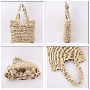 Almury Straw Beach Hand-woven Soft Large Woven Shoulder Bag Boho Straw Handle Tote Retro Summer Bags Rattan Handbag for Women (Beige)