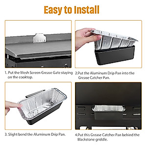 RUSFOL 3-in-1 Grease Catcher Pan with Stainless Steel Mesh Screen Grease Gate and 10 Pcs Aluminum Drip Pans Liner for 28"/36 Blackstone Griddles, Free from Drill&Easy Install BBQ Accessories