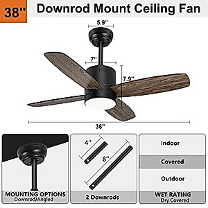 Ohniyou 38'' Ceiling Fan with Lights Remote Control - Small Outdoor Ceiling Fans with Light for Patio APP Control - Dimmable Quiet DC Ceiling Fan for Sunroom Screen Porch Living Room Bedroom(Black)