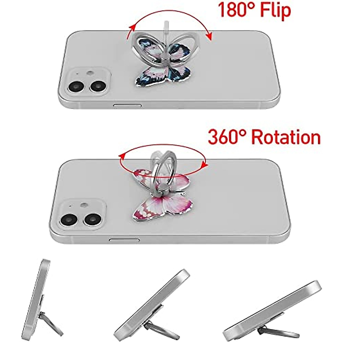 Fwaytech 4Pack Phone Ring Holder Cute 360 Rotation Metal Aluminum Finger Ring Socket Grip Kickstand Compatible for iPhone Samsung LG and Other Smartphones (Butterfly)