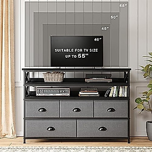 EnHomee Dresser TV Stand for Bedroom Entertainment Center with Fabric Drawers up to 55''TV Media Console Table with Wood Open Shelves Storage Drawer Dresser for Bedroom, Living Room, Entryway, Grey