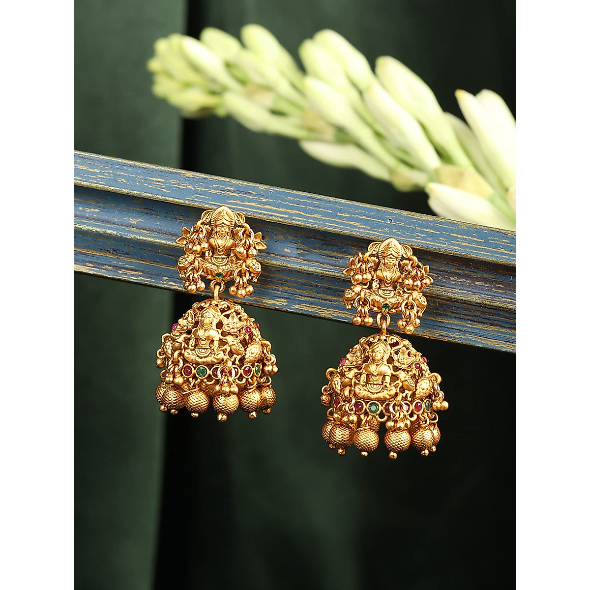 Priyaasi Golden Traditional Indian Jhumka Earring for Women | Goddess Design | Kemp Stone-Studded | Gold Plated | Pushback Closure | Bridal Earring for Wedding & Puja