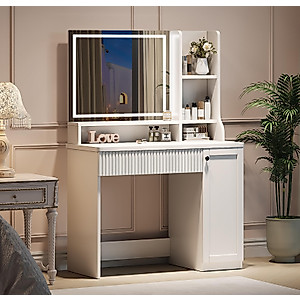 Dripex Makeup Vanity Desk with Mirror and Lights Bedroom Dressing Table, Makeup Table with Drawer, Cabinet, Adjustable LED Lights -White
