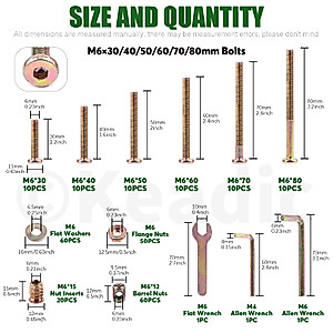 Keadic 253 Pcs M6 x30/40/50/60/70/80mm Zinc Plated Hex Socket Head Cap Bolts Barrel Nuts Flat Washers with Tools, M6 Crib Hardware Screws Assortment Kit for Chairs Bed Cot Furniture (30-80mm)