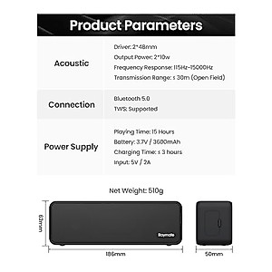 Raymate Bluetooth Speakers, 20W IPX7 Waterproof Speaker Wireless Bluetooth-V5.0, HiFi Stereo Sound, 1000mins Playtime, Portable Speaker for Outdoor