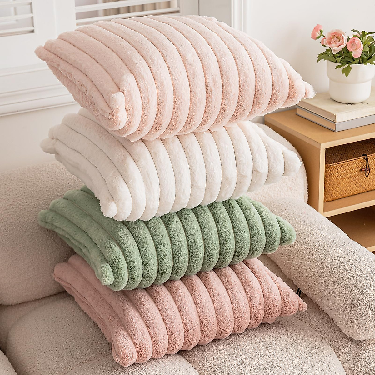 BAOLIZEGAO Double-Sided Faux Fur Plush Throw Pillow Covers 18x18 Set of 2 Fuzzy Striped Soft Cozy Pillowcase Luxury Decorative Pillows Square Shaggy Cushion Covers for Couch Sofa Bed,Cream White