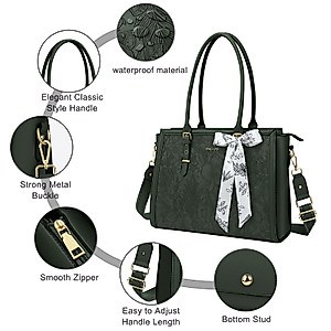 MOSISO Laptop Tote Bag for Women, 15.6-16 inch PU Leather Compatible with MacBook, HP, Dell, Asus Notebook, Front Embossed Retro Hibiscus Computer Bag with Silk Scarf & Clutch Purse, Emerald Green