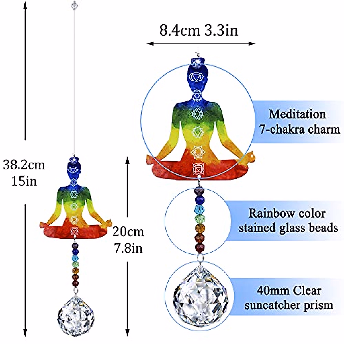 Chakra Healing Crystal Prism Suncatcher with Rainbow Yoga Meditation Figurine Statue Stained Glass Beads for Window Garden Wall Hanging Decoration