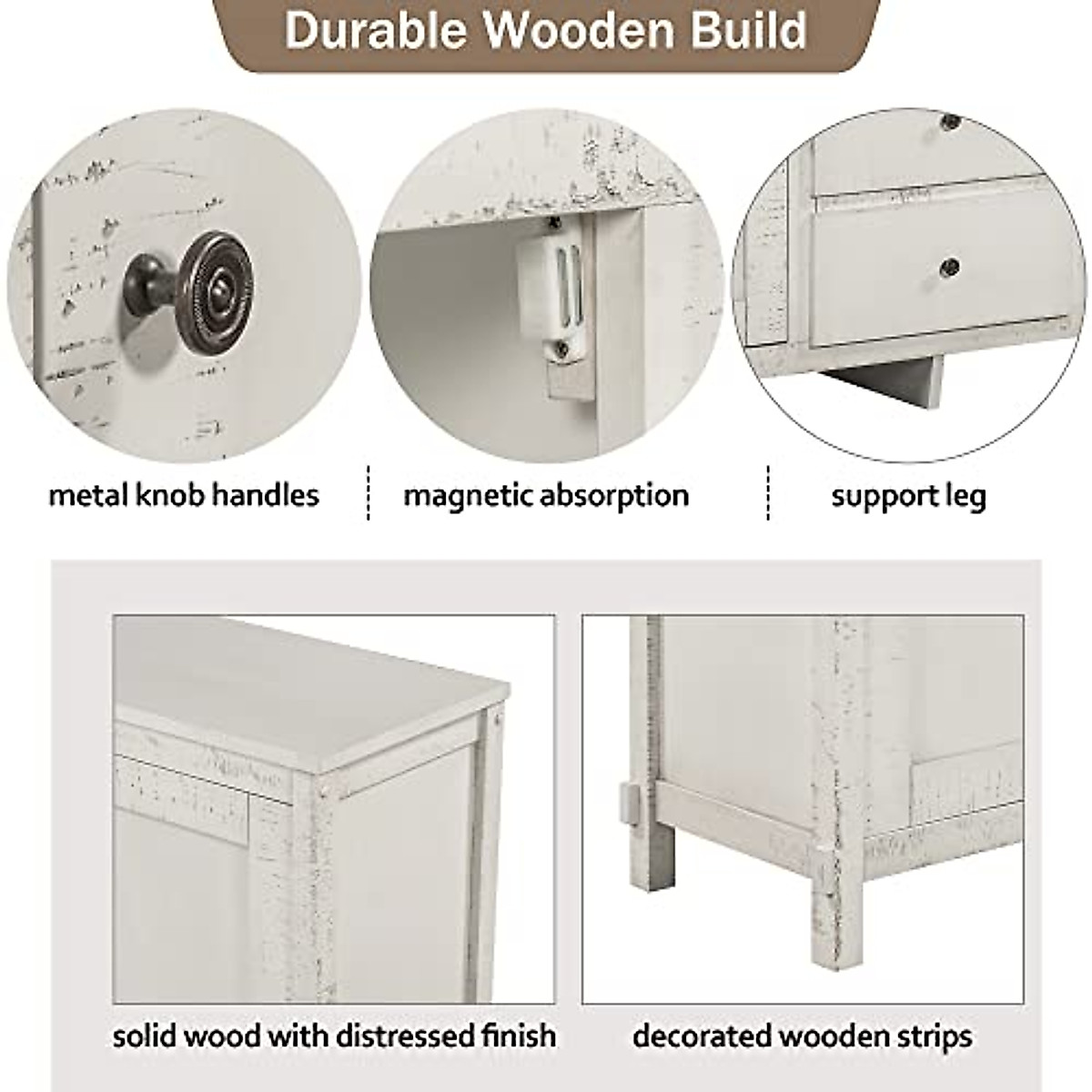 64'' Retro Large Storage Cabinet Buffet Sideboard with Adjustable Shelves and 3 Drawers, Solid Wood Entryway Console Table Coffee Bar Cupboard Server for Living Room Kitchen (Antique White-R)
