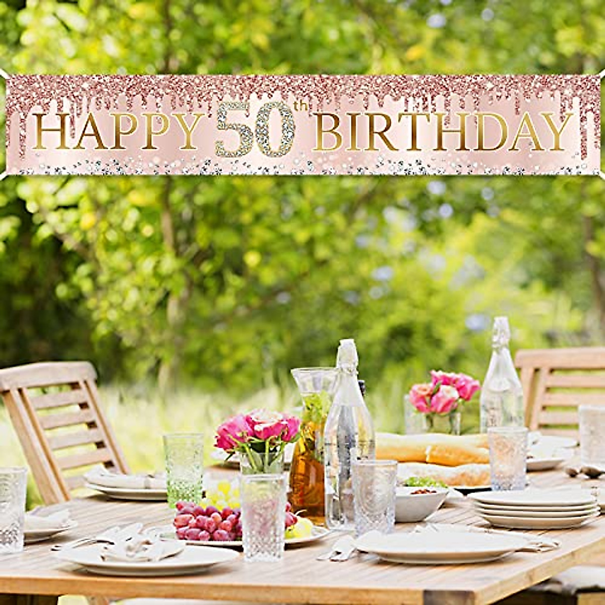50th Birthday Banner Decorations for Women, Pink Rose Gold Happy 50 Birthday Sign Party Supplies, Large Fifty Year Old Birthday Decor for Outdoor Indoor(9.8x1.6ft)