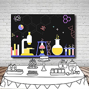 MEHOFOND 7x5ft Science Party Decorations Photo Studio Background Birthday Party Decor Banner Supplies Mad Science Fun Scientist Subject Black Backdrop School Poster for Photography