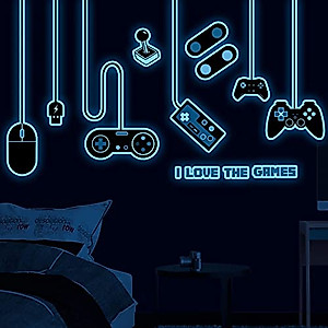 Gaming Wall Decals Glow in The Dark Wall Decals Video Game Zone Wall Stickers Removable Gaming Room Wall Decor Peel and Stick for Boys Kids Bedroom Playroom… (Large Size-Blue)
