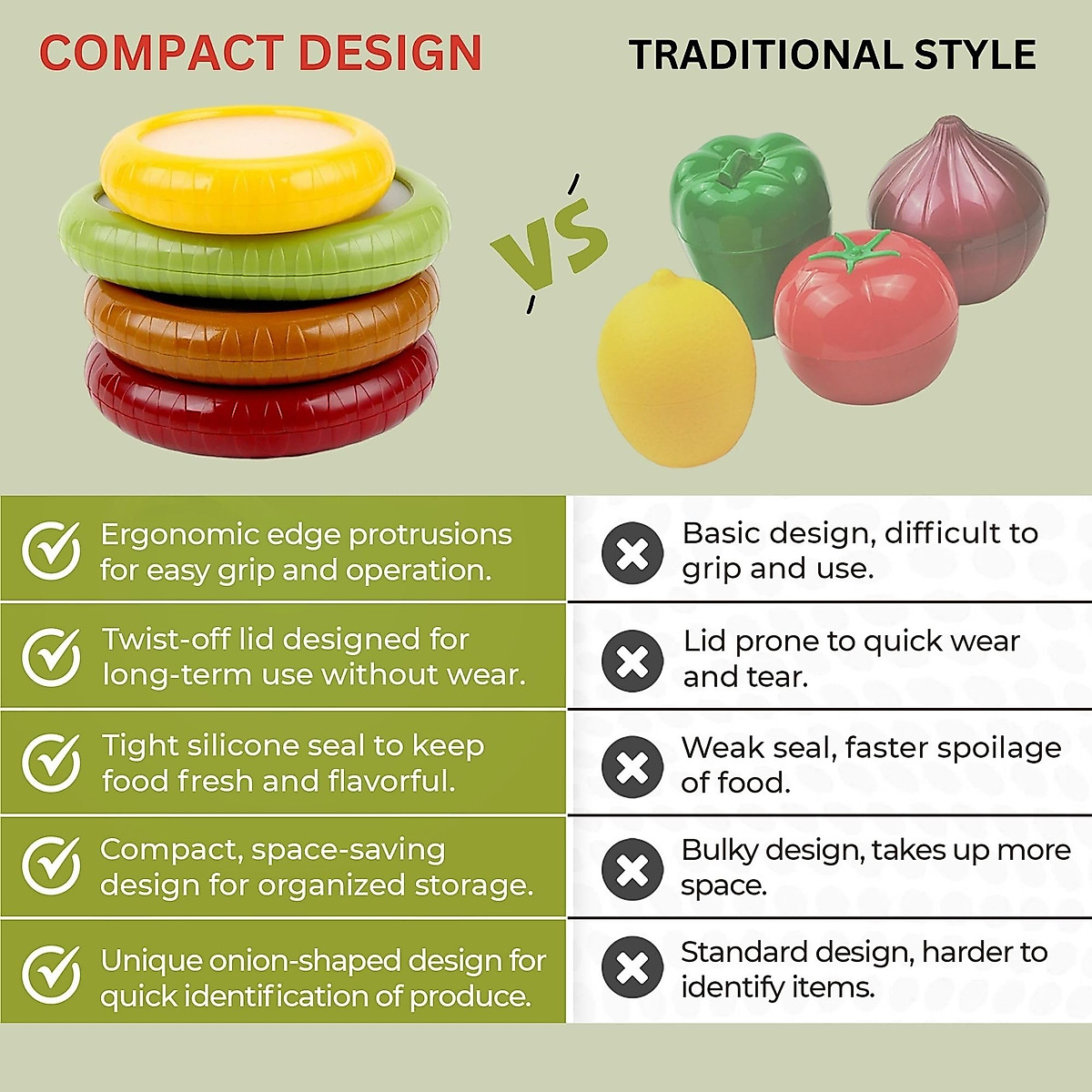 Non Slip Silicone Fruit and Vegetable Storage Containers For Fridge, Garlic Holder, Ideal for Avocado, Tomato, Onion, Lemon Halves | Herb Saver with Anti-Oxidation Design | Reusable Produce Saver 4pcs