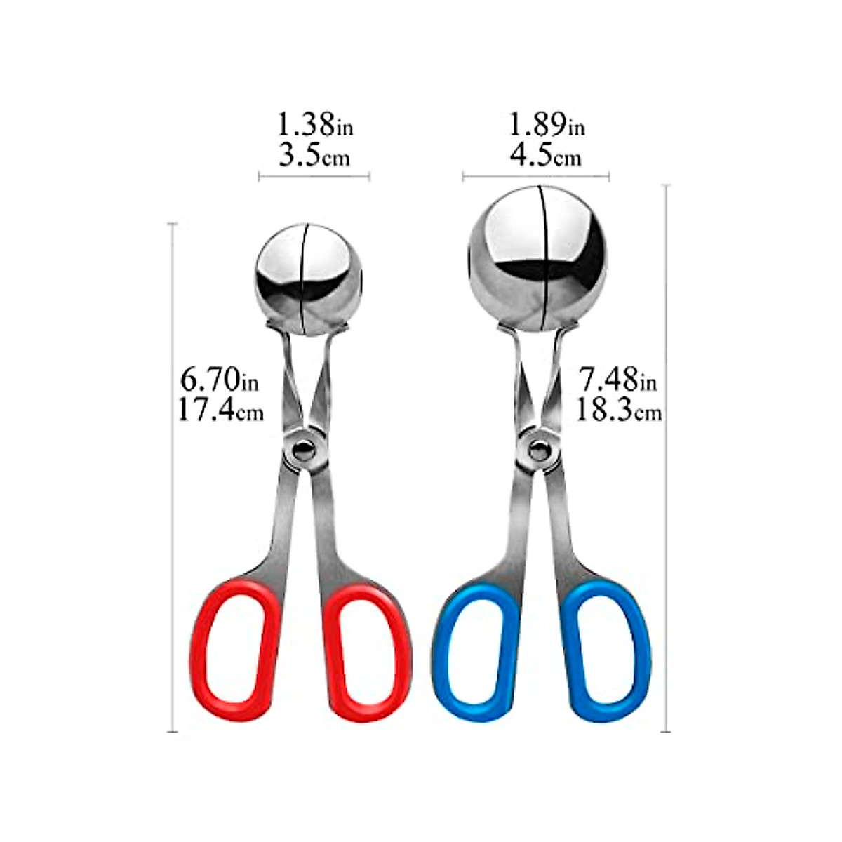SANDEU Meatball Maker tongs 2 PCS None-Stick Meatball Maker with Detachable Anti-Slip Handles, Stainless Steel Meat Baller Scoops, Red & Blue Rubber Handles for Kitchen