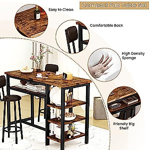 Recaceik Bar Dining Table Set, Modern Bar Table and Stools for 2, Kitchen Counter Height Dining Table Set with 4 Storage Shelves, PU Upholstered Stools Breakfast Nook Set Pub Table with Backrest