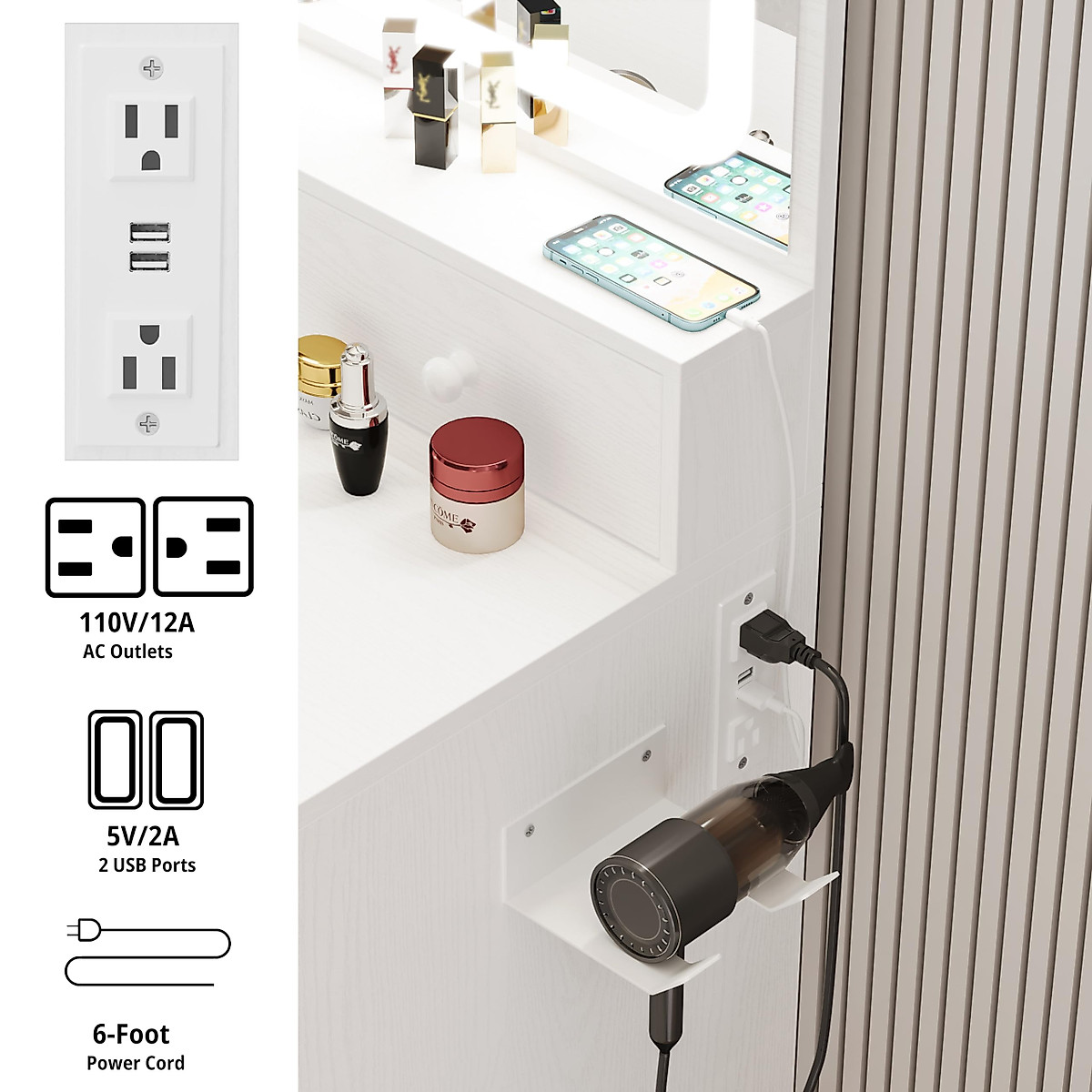 LIKIMIO Vanity Desk with LED Lighted Mirror & Power Outlet & 4 Drawers, Makeup Table Set with Storage Stool and Hair Dryer Stand, White