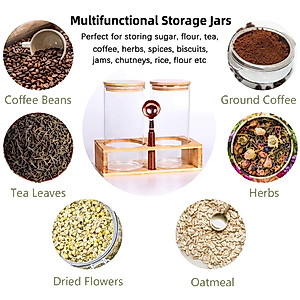 Glass Coffee Containers with Shelf, Set of 2 Coffee Bean Storage with Bamboo Lids and Spoon, Ground Coffee and Suger Jar Container Set for Coffee Bar (47 OZ)