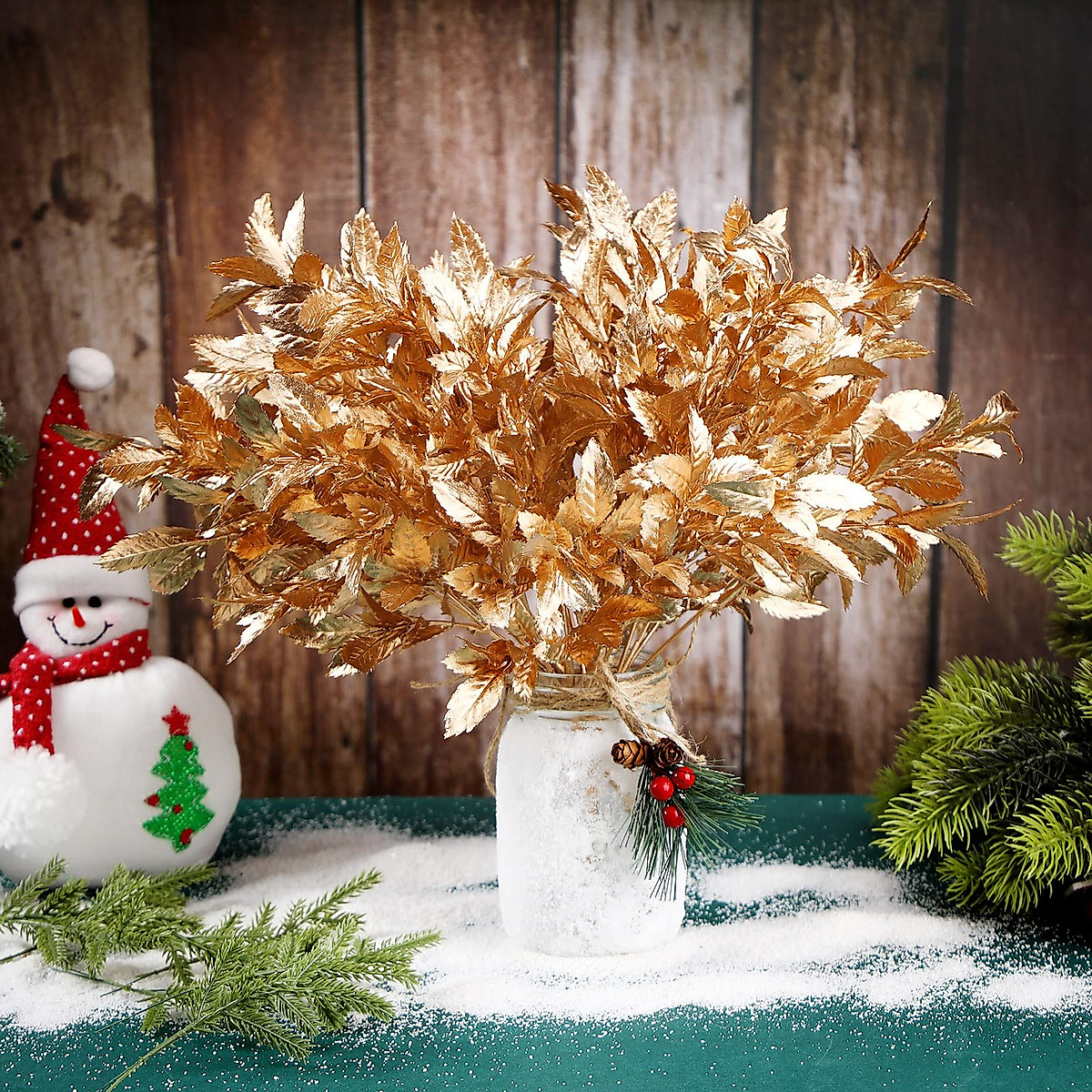 3 Packs Gold Leaves Artificial Plants for Christmas Decoration, Plastic Grass Fake Shrubs Simulation Leaves Golden Flowers Home Indoor Outdoor DIY Planter Vase Filler Garden Wedding Xmas Decoration