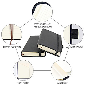 (2-Pack) Pocket Notebook 3.5" x 5.5", Small Hardcover Journal with Pen Holder, Inner Pockets, 100gsm Thick Ruled/Lined Paper, Black