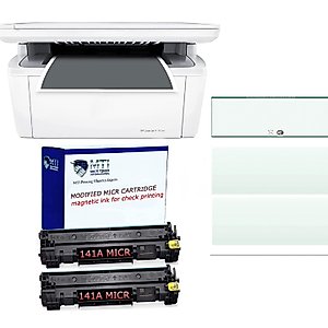 MTI M140we Laser MFP All-in-One Wireless Black & White Check Printer Bundle with 141A Starter MICR Toner, W1410A Modified Magnetic Ink Cartridge, 100 Sheets Blank Green Check Paper