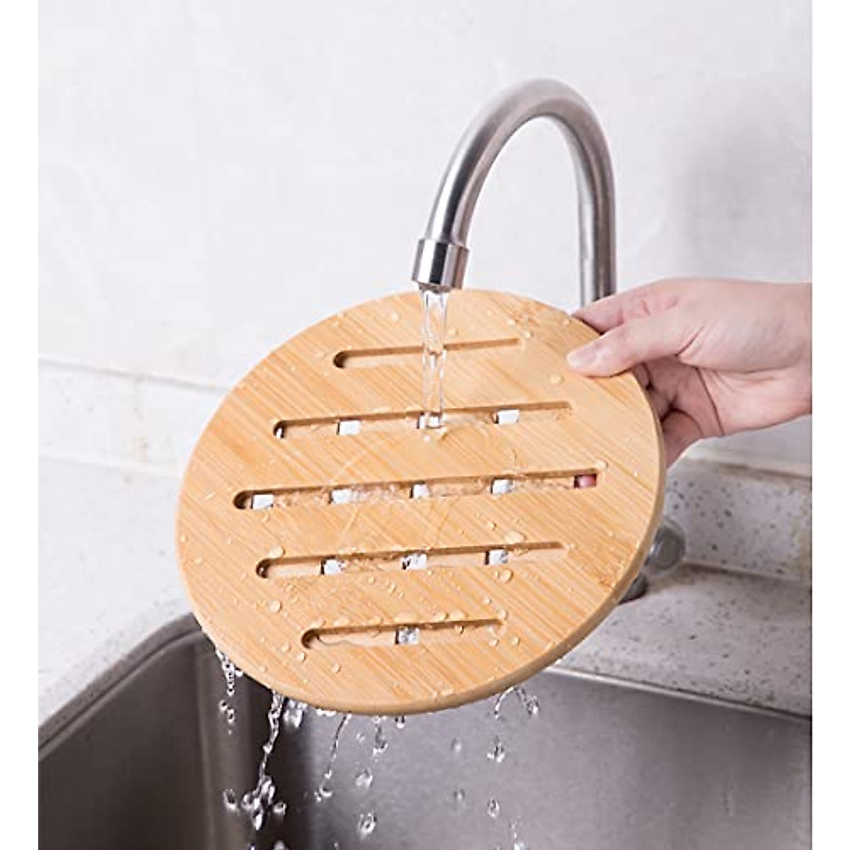 Lawei 8 Pack Bamboo Trivets with Dish Rack - Bamboo Trivet Mat Bamboo Hot Pads Trivet for Hot Dishes, Pot, Bowl, Teapot