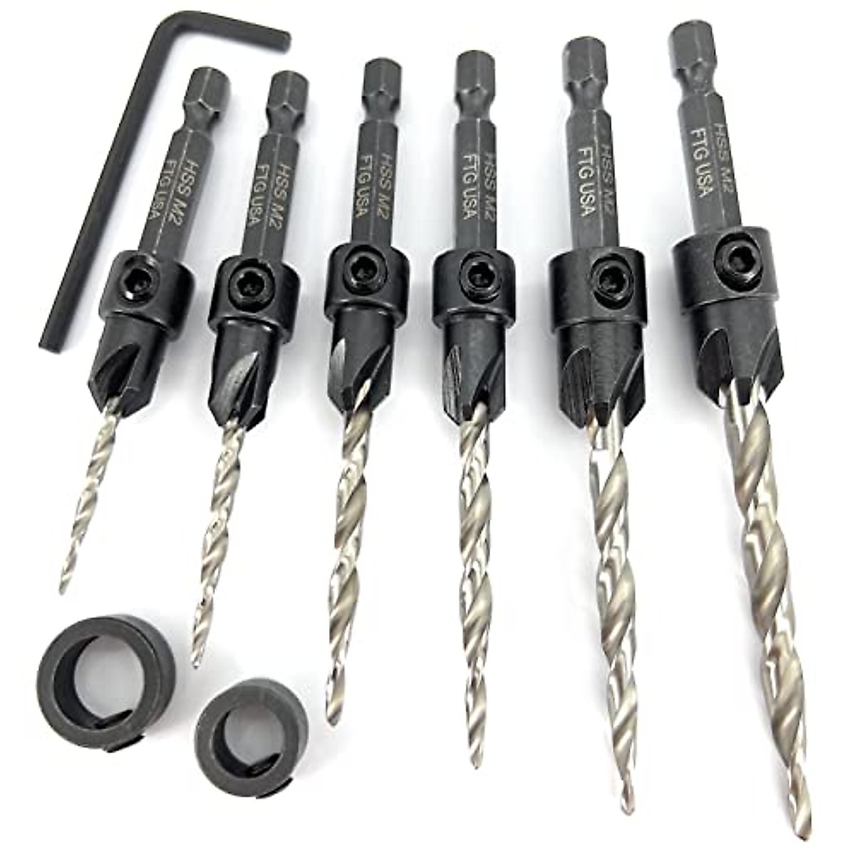 FTG USA Wood Countersink Drill Bit Set 6 Sizes Set Countersink HSS M2 Tapered Drill Bits, Quick Change Hex Shank Countersink bit, with 6 Storage Containers, 2 Stop Collars, 1 Allen Wrench