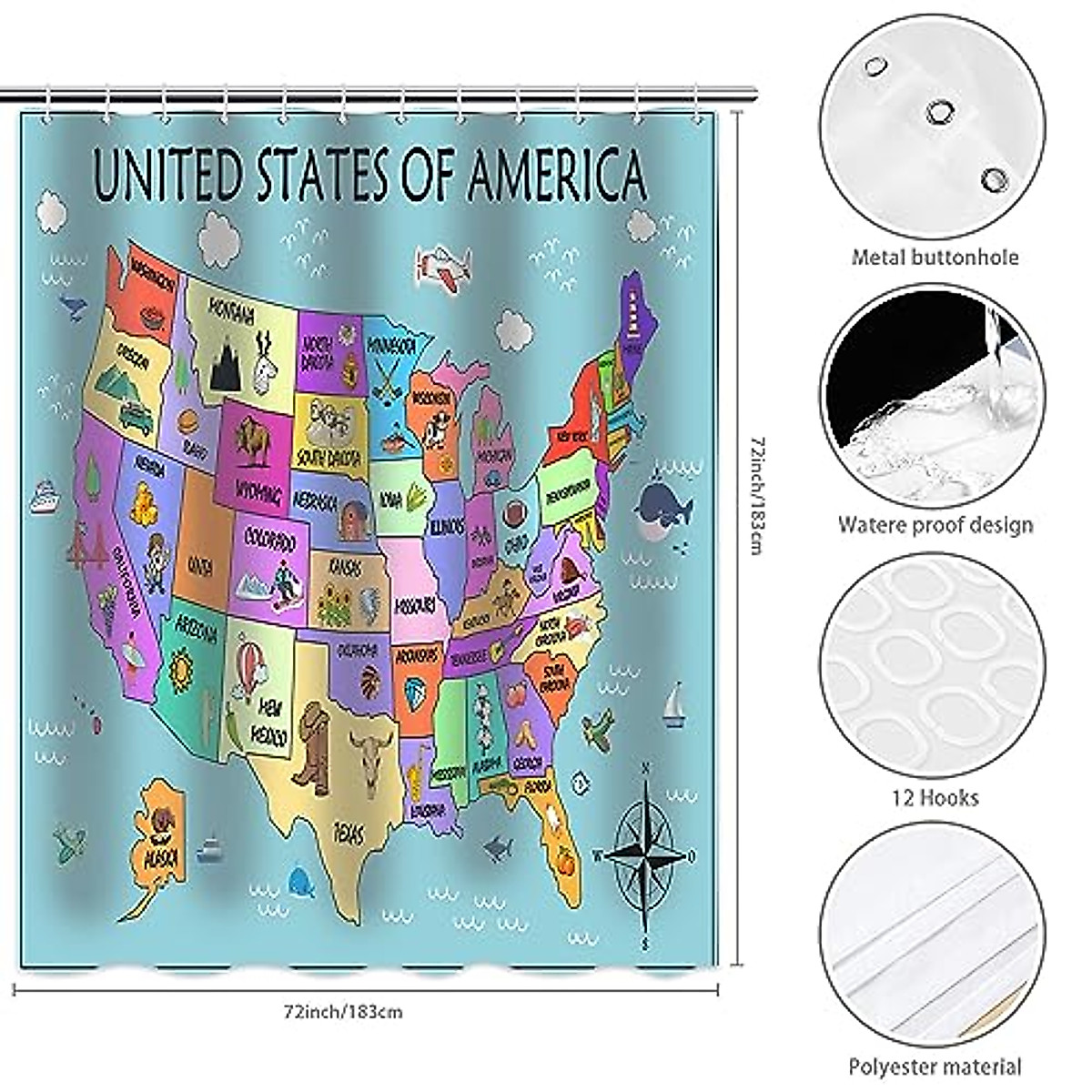 DLTAY United States Map Shower Curtain, USA Shower Curtain Cartoon Animal US Map Kids Educational Shower Curtain Set Waterproof Bath Tub Curtain Bathroom Decor with 12 Hooks, 72x72 inches