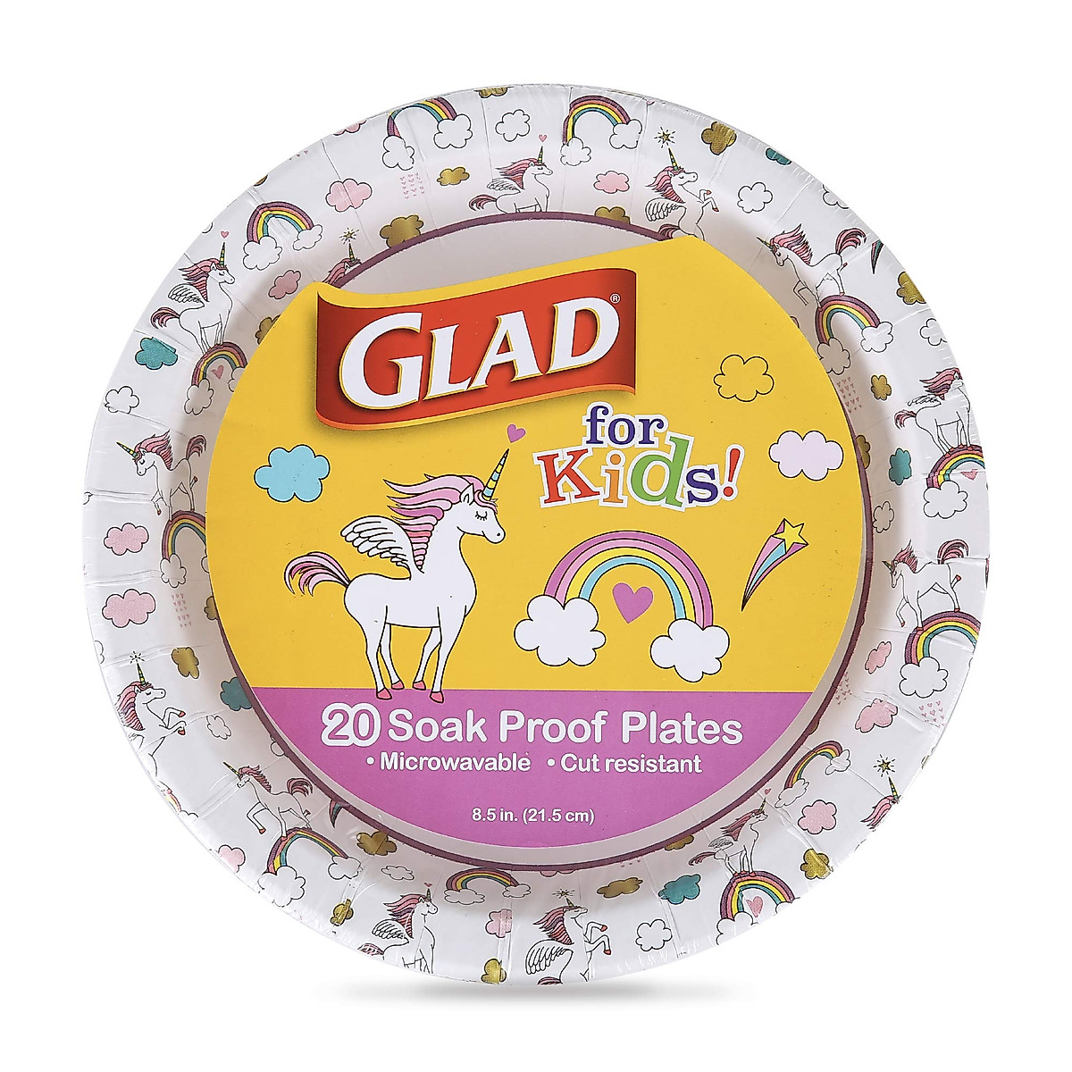 Glad for Kids Unicorns Paper Plates | Small Round Paper Plates with Cute Unicorns Design | Heavy Duty Disposable Soak Proof Microwavable Paper Plates for All Occasions, 8.5 Inch, 20 Count (Pack of 6)