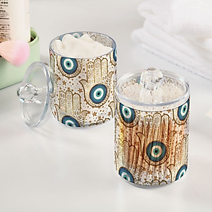 Vnurnrn Evil Eye Hand Clear Plastic Jar Set for Cotton Ball Cotton Swab Cotton Round Pads Floss, Bathroom Canisters Storage Organizer, Vanity Makeup Organizer 2 Pack
