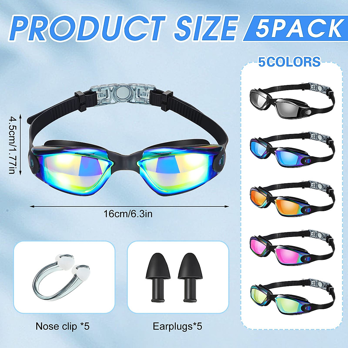 Macarrie 5 Pairs Swimming Goggles Adult Anti Fog Pool Goggles Kids No Leaking Swim Glasses with Ear Plugs Nose Clip(Plain Color)