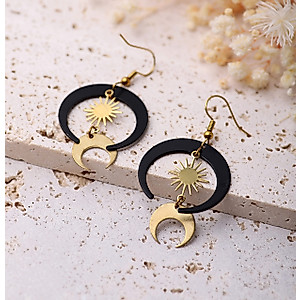 Sacina Gothic Boho Sun and Moon Earrings, Crescent Moon Star Pendant, Celestial Earrings, Goth Jewelry Gift for Women (Black Moon Sun)
