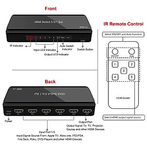 RuiPuo 5Por tHDMI Switcher, HDMI Selector 5 in 1 Out with PIP Function and IR Wireless Remote Control for Fire Stick, Xbox, PS3/4, Roku, Apple TV and DVD Players ect Support 4K, 3D Ultra HD
