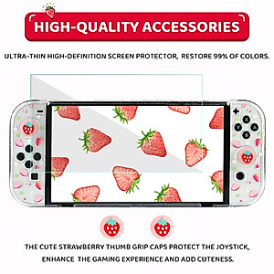 FANPL Cute Carry Case Bundle for Nintendo Switch OLED 2021, Cover Accessories Set with Pink Strawberry Travel Bag, Glitter Strawberry PC Shell, Adjustable Shoulder Strap, Thumb Grips, Screen Protector