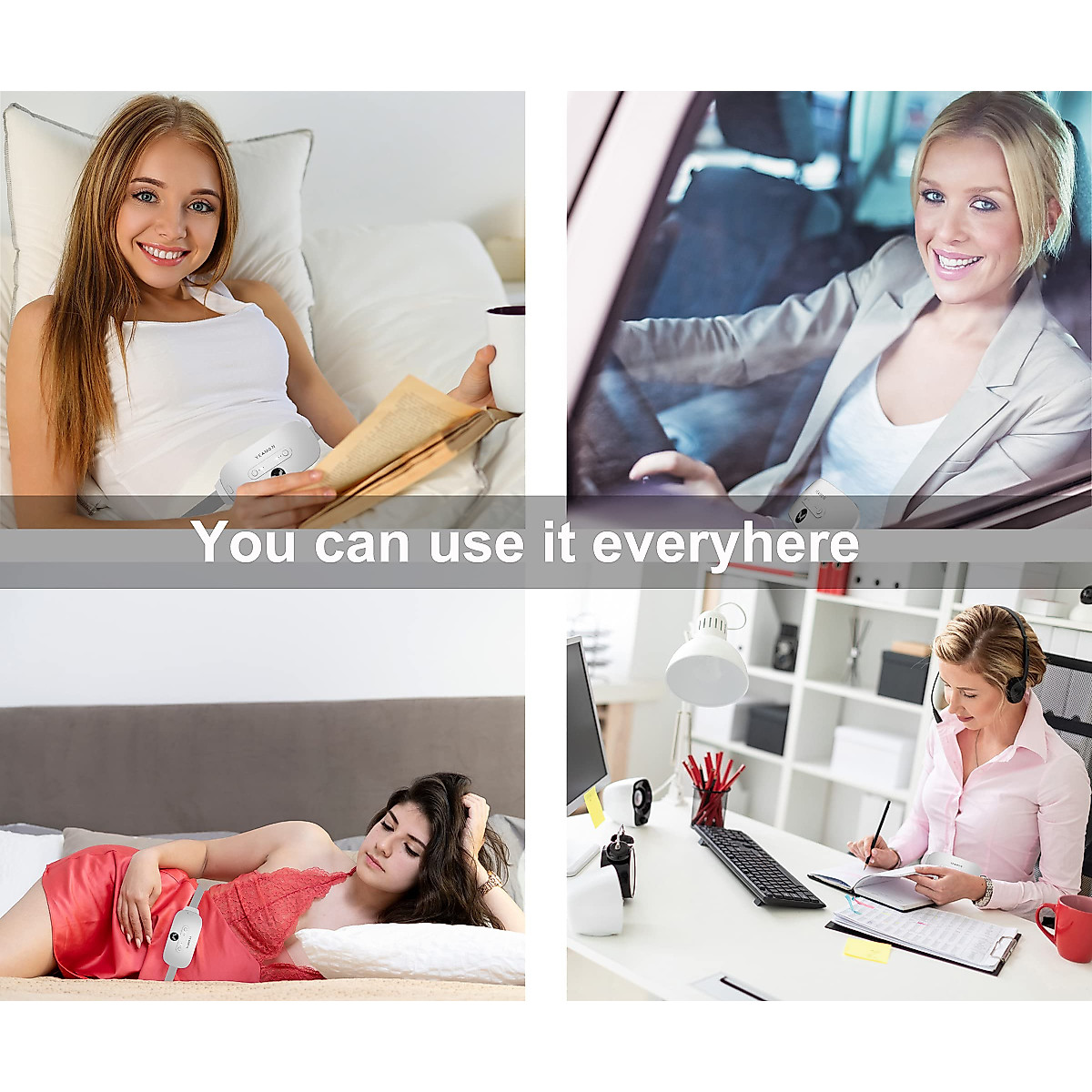 Portable Cordless Heating Pad for Cramps, Electric Waist Belt Device, Fast with 3 Heat Levels and Massage Modes, Back or Belly Women Girl(White)