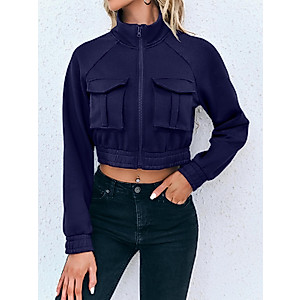 Fisoew Womens Cropped Jackets Casual Zip Up Long Sleeve Stand Collar Coat Outwear with Pockets Dark Blue