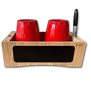 RaekerNow Organic Bamboo Double Solo Cup Holder with Marker Slot, Chalkboard and chalks for Disposable Cups, Party Organizer (Marker and Cups not Included)