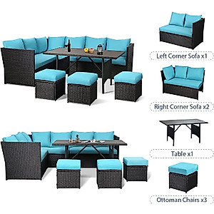 AECOJOY Patio Furniture Set, 7 Pieces Outdoor Patio Furniture with Dining Table&Chair, All Weather Wicker Conversation Set with Ottoman and Patio Set Cover, Blue