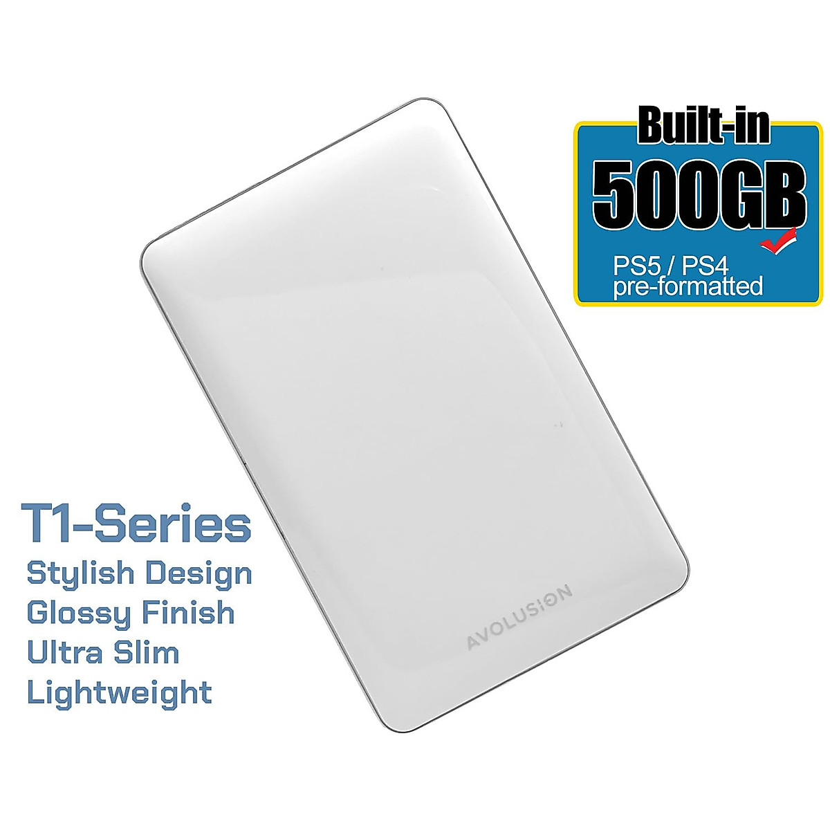 Avolusion T1 Series 500GB USB 3.0 Portable External Gaming Hard Drive - White (for PS5, Pre-Formatted) - 2 Year Warranty (Renewed)