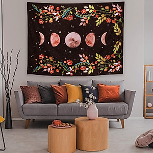 Moonlit Garden Tapestry Boho Wall Tapestry Aesthetic Moon Phase Tapestries with Flower Mandala Wall Hanging Black Wall Decor for Room(59 x 79 inches)