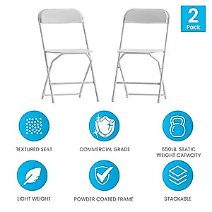 EMMA + OLIVER Set of 2 Plastic Folding Chairs - 650 LB Weight Capacity Lightweight Stackable Folding Chair in White