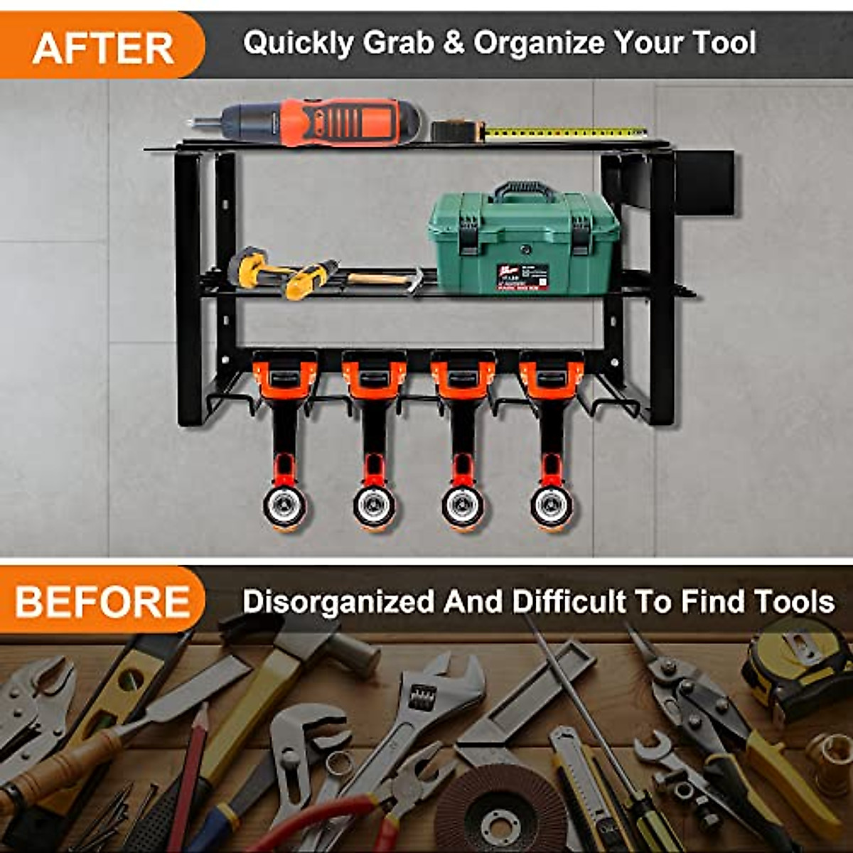 Power Tool Organizer, Garage Tool Organizers with Storage, 3 Layers Heavy Duty Metal Tool Shelf, Drill Holder Wall Mounted, Utility Storage Rack for Cordless Drill, Handheld Power Tools