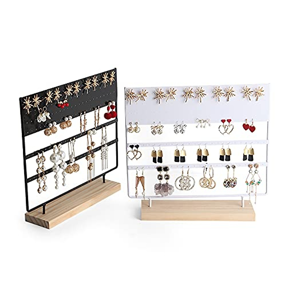 Sooyee Metal Earring Holder and Jewelry Organizer,Jewelry Rack Display Classic Stand with Wood Base Tray,6 Layer 144 Holes for Hanging Earrings Piercings,Ear Stud,Black