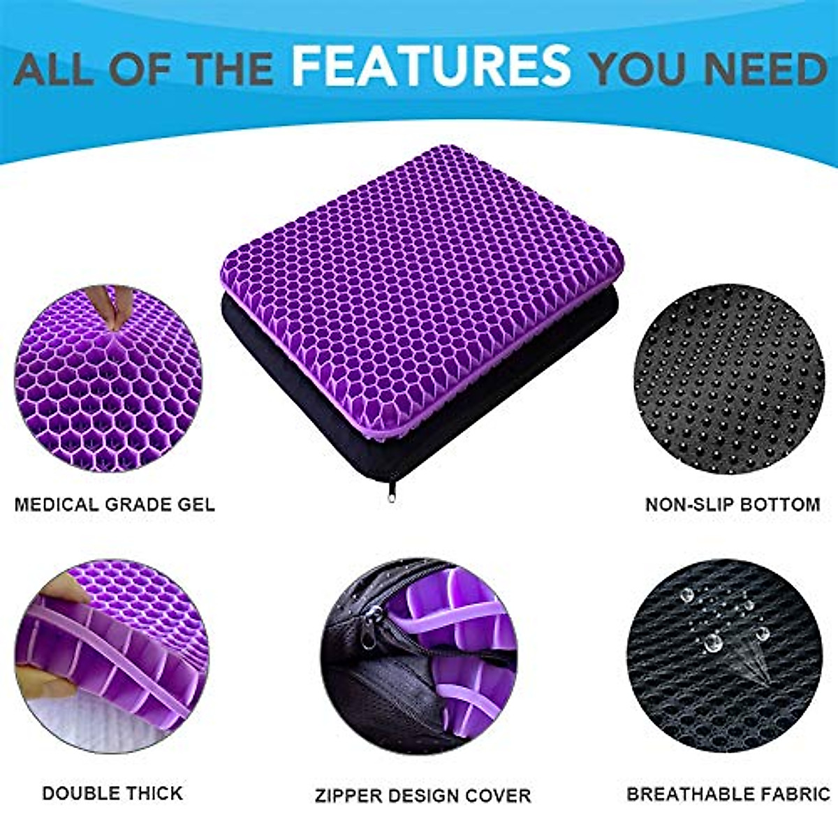 Gel Seat Cushion - Enhanced Double Thick Egg Seat Cushion with Non-Slip Cover - Office Chair Car Seat Cushion - Sciatica & Back Pain Relief - Perfect for Office Chair Car Wheelchair Travel