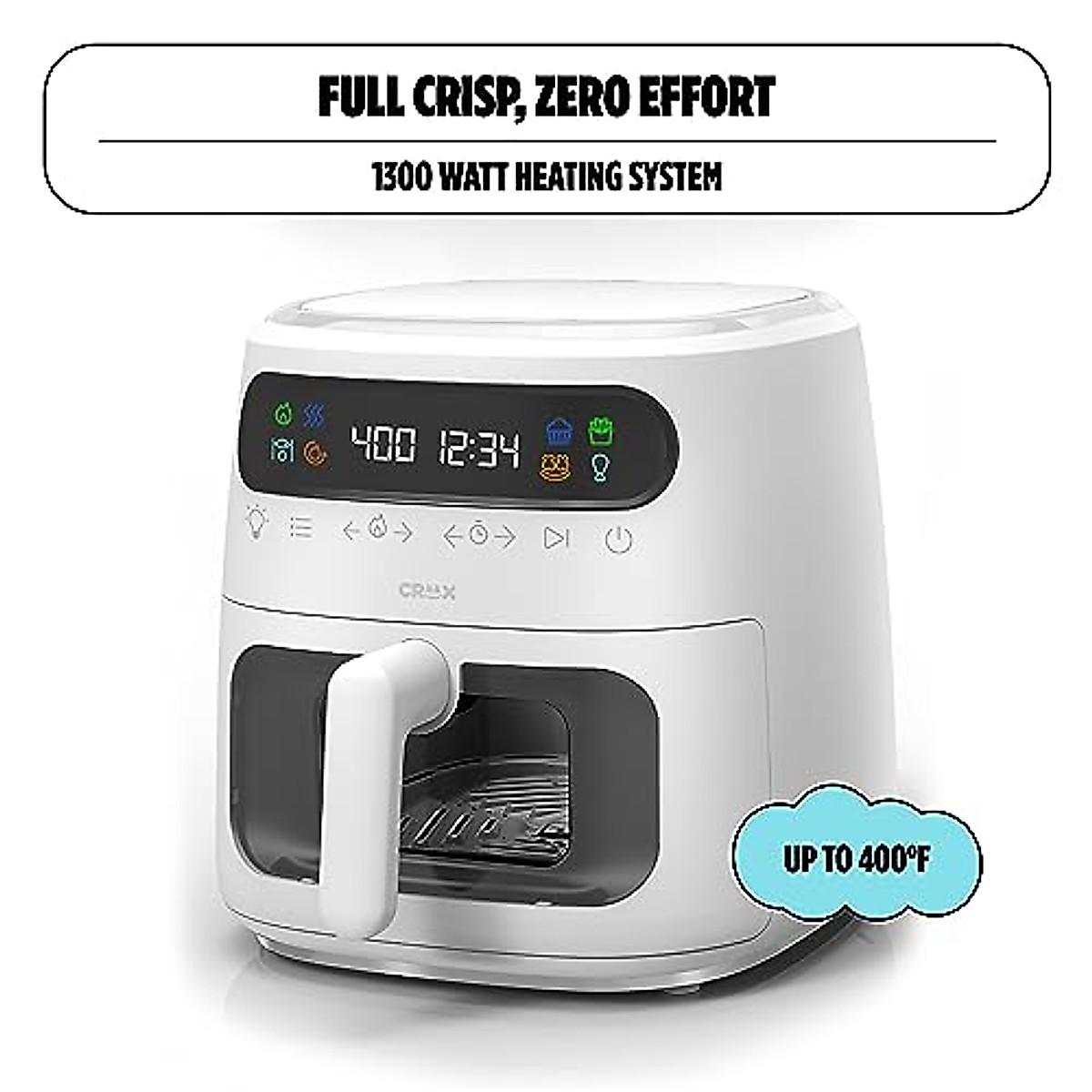 CRUX x Marshmello 8.0 QT Digital Air Fryer with TurboCrisp Technology, Touch Screen Temperature Control, Timer and Auto Shut-off, Fully Programmable, White