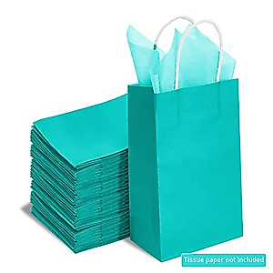 DjinnGlory 100 Pack Small Size Teal Blue Paper Gift Bags with Handles Bulk for Small Business Holiday Birthday Wedding Baby Shower Parties, Shopping Bags(Small 9x5.5x3.15 Inch, Teal)